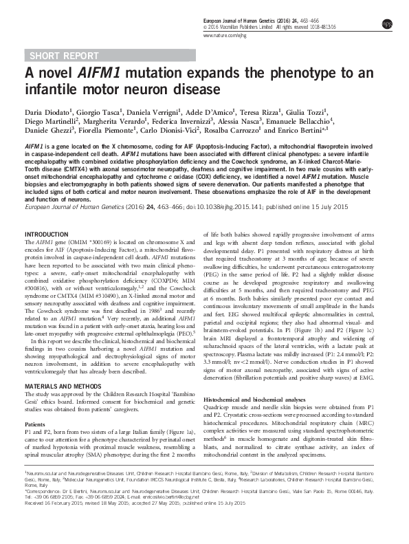 (PDF) A novel AIFM1 mutation expands the phenotype to an infantile ...