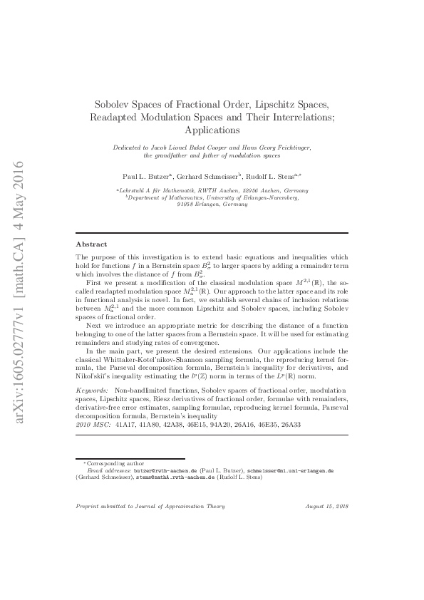 Pdf Sobolev Spaces Of Fractional Order Lipschitz Spaces Readapted Modulation Spaces And