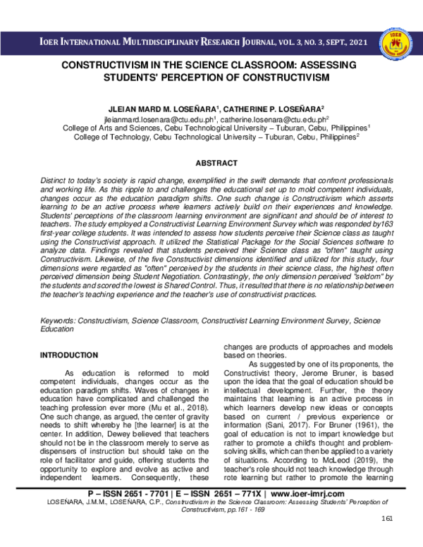 (PDF) CONSTRUCTIVISM IN THE SCIENCE CLASSROOM: ASSESSING STUDENTS' PERCEPTION OF CONSTRUCTIVISM