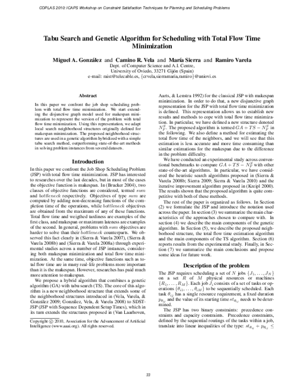 Pdf Tabu Search And Genetic Algorithm For Scheduling With Total Flow Time Minimization