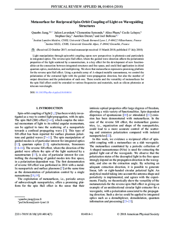 (PDF) Metasurface for Reciprocal Spin-Orbit Coupling of Light on Waveguiding Structures