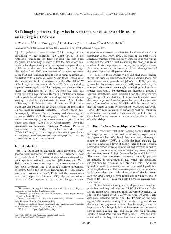 (PDF) SAR imaging of wave dispersion in Antarctic pancake ice and its ...