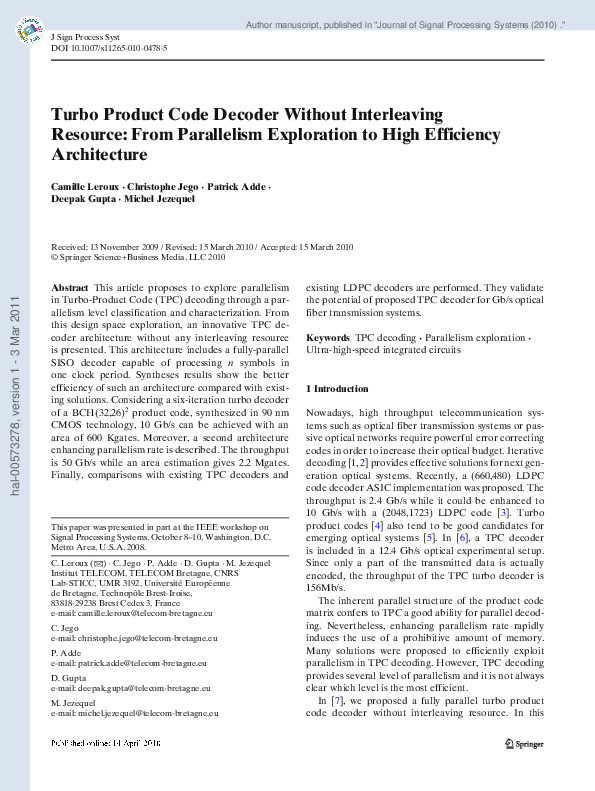 Pdf Turbo Product Code Decoder Without Interleaving Resource From Parallelism Exploration To 4543