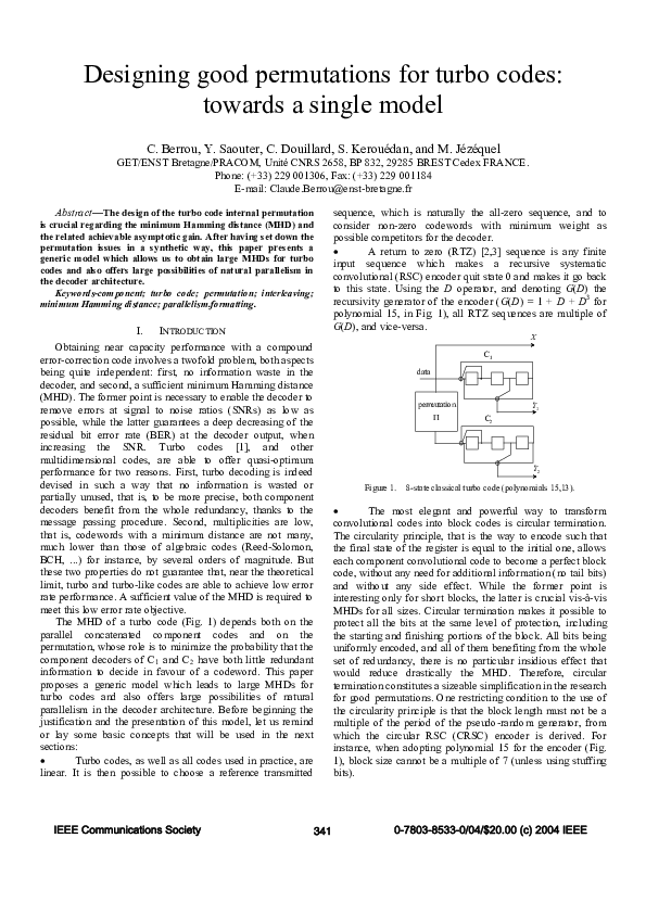 (PDF) Designing good permutations for turbo codes: towards a single model