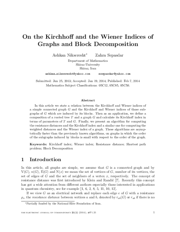 (PDF) On the Kirchhoff and the Wiener Indices of Graphs and Block Decomposition