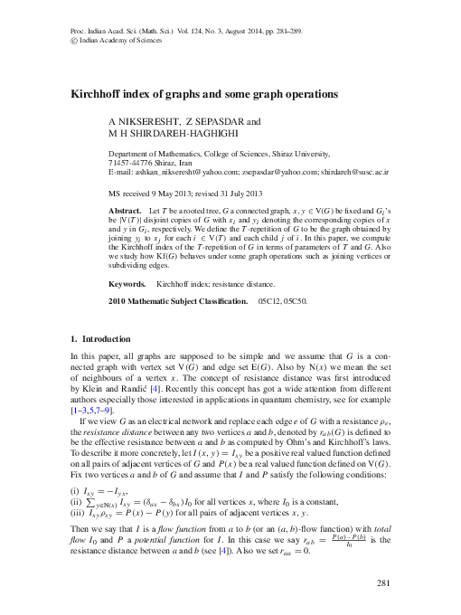 (PDF) Kirchhoff index of graphs and some graph operations