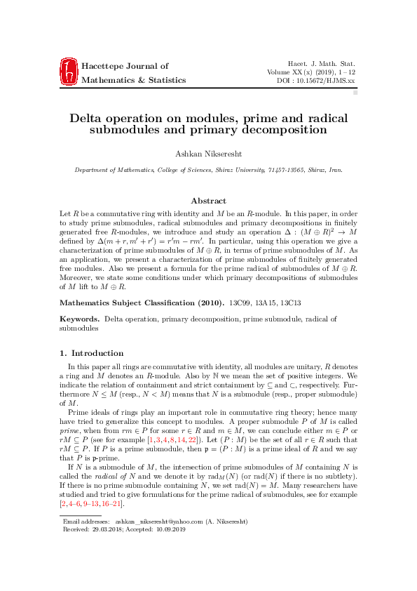 (PDF) Delta Operation and Characterization of Prime Submodules