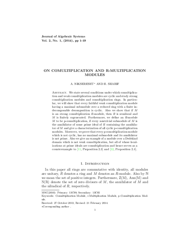 (PDF) On Comultiplication and R-Multiplication Modules