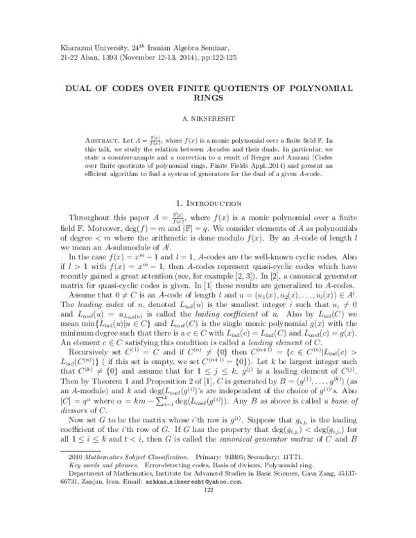 (PDF) Dual of codes over finite quotients of polynomial rings