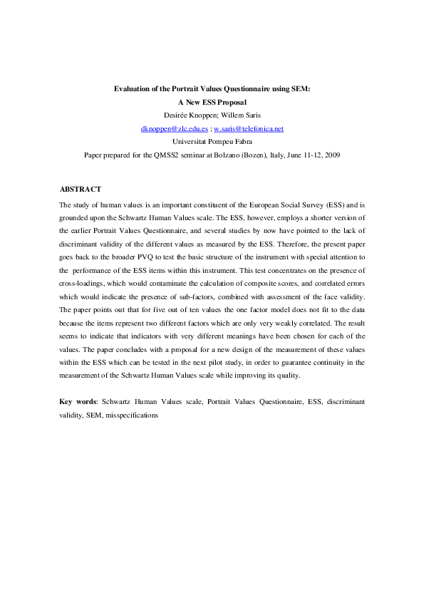(PDF) Evaluation of the Portrait Values Questionnaire using SEM: A New ...
