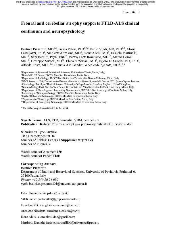 (PDF) Frontal and cerebellar atrophy supports FTLD-ALS clinical ...