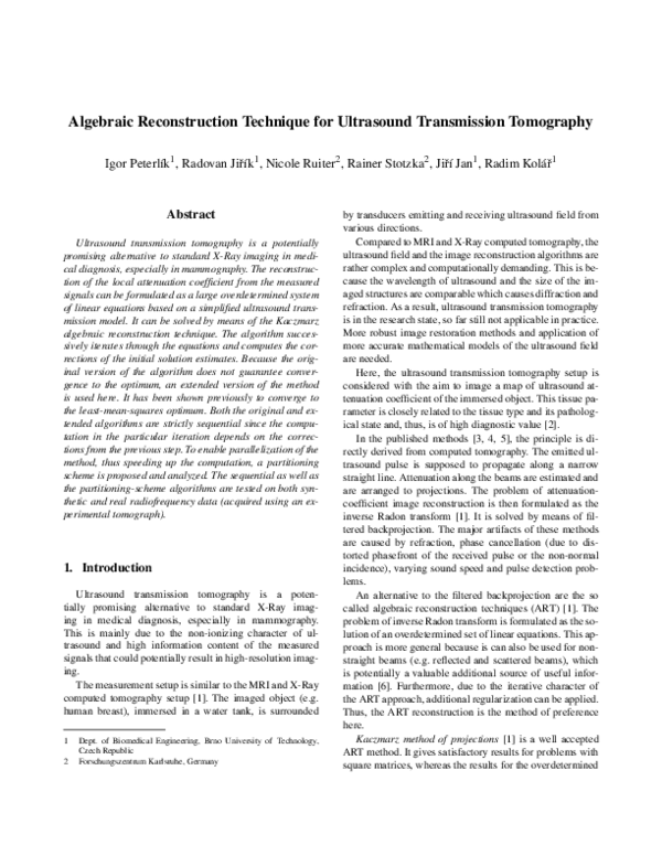 (PDF) Algebraic Reconstruction Technique for Ultrasound Transmission Tomography