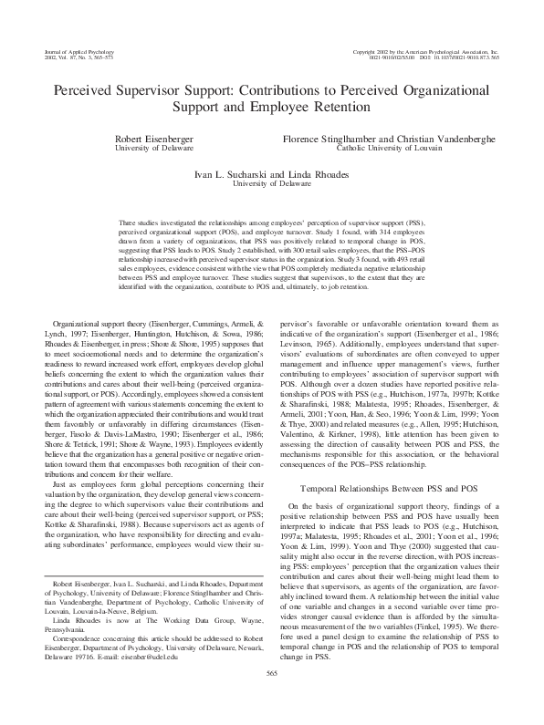 (PDF) Perceived supervisor support: Contributions to perceived organizational support and ...