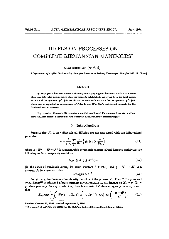 (PDF) Diffusion processes on complete riemannian manifolds