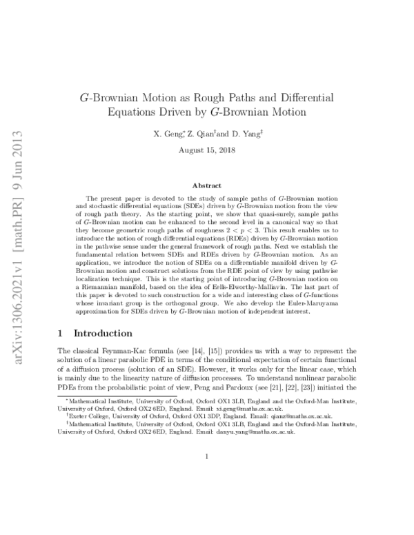 (PDF) G-Brownian Motion as Rough Paths and Differential Equations Driven by G-Brownian Motion