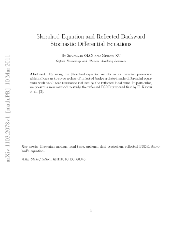 Pdf Skorohod Equation And Reflected Backward Stochastic Differentialequations