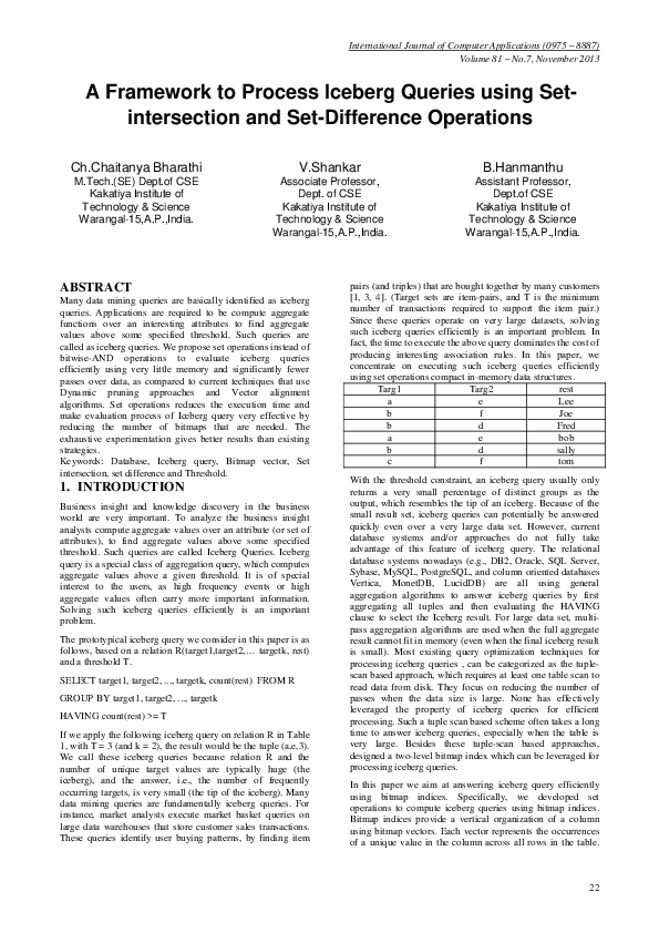 Pdf A Framework To Process Iceberg Queries Using Set Intersection And Set Difference Operations