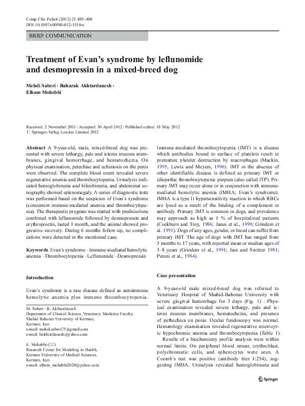 (PDF) Treatment of Evan’s syndrome by leflunomide and desmopressin in a ...