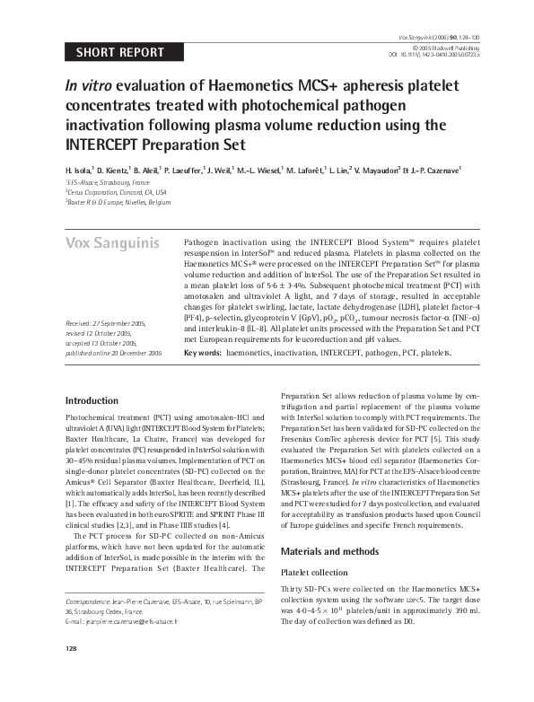 (PDF) In vitro evaluation of Haemonetics MCS+ apheresis platelet ...