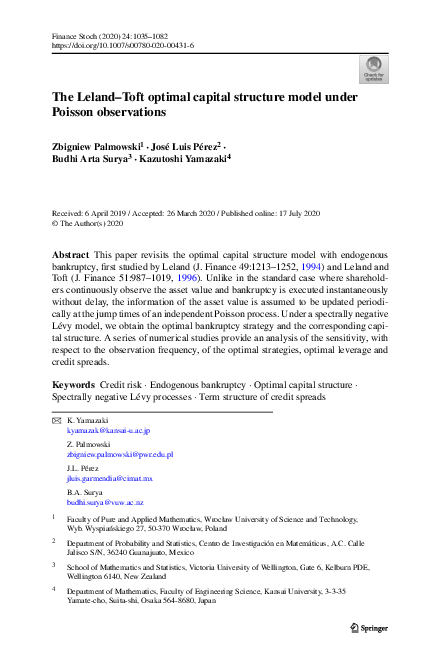 (PDF) The Leland–Toft optimal capital structure model under Poisson ...