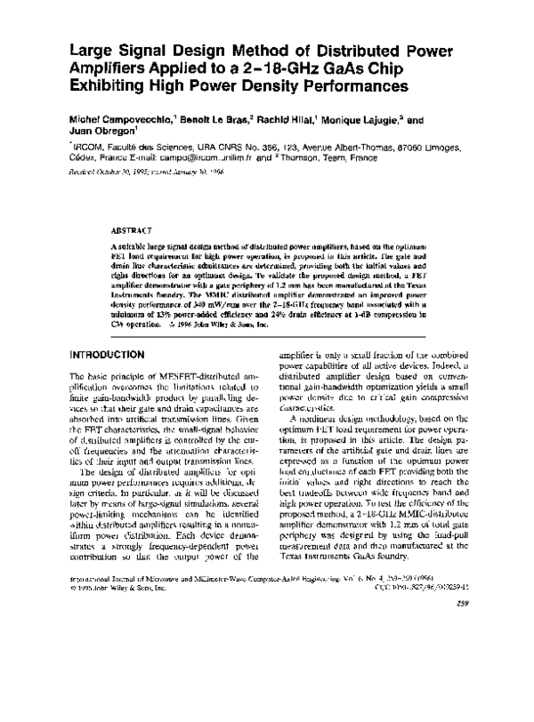 (PDF) Large signal design method of distributed power amplifiers applied to a 2–18-GHz GaAs chip ...