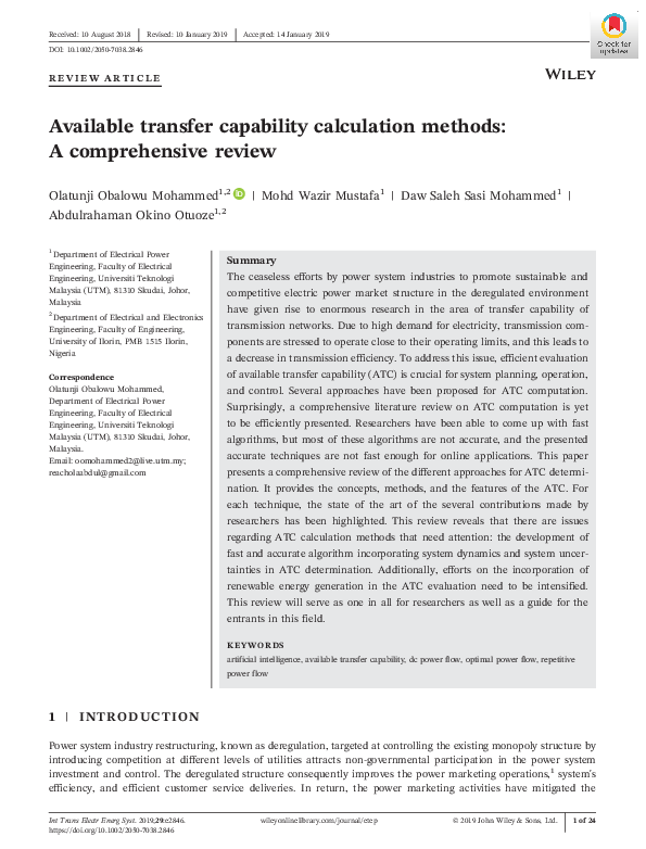 (PDF) Available transfer capability calculation methods: A comprehensive review
