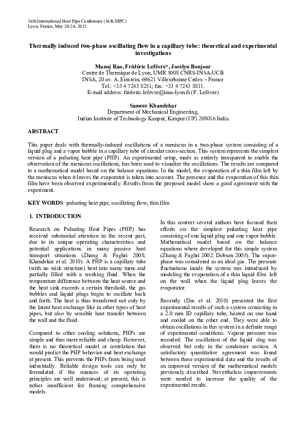 (PDF) Thermally induced two-phase oscillating flow inside a capillary tube