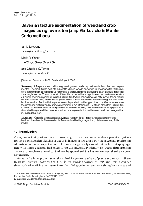 Pdf Bayesian Texture Segmentation Of Weed And Crop Images Using Reversible Jump Markov Chain