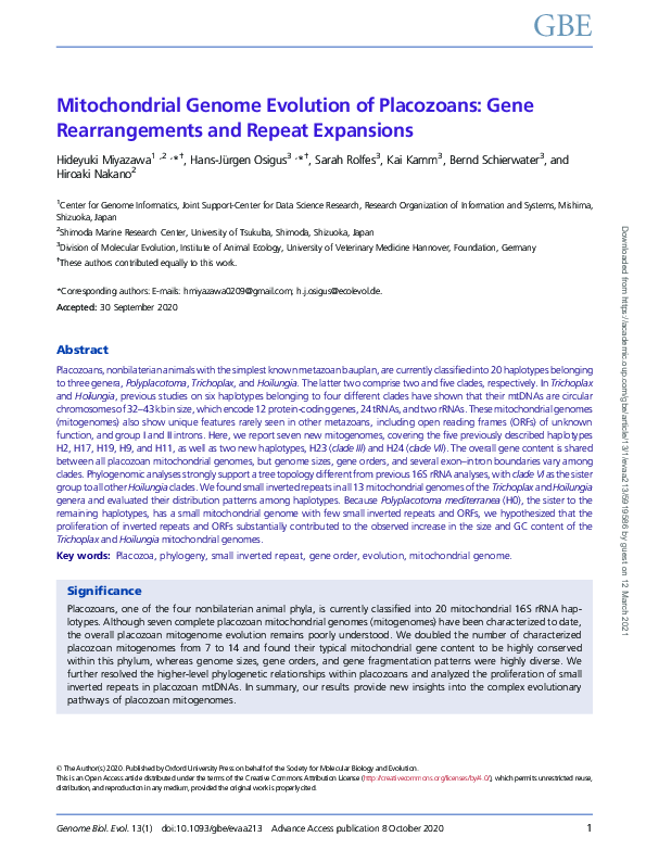 (PDF) Mitochondrial Genome Evolution of Placozoans: Gene Rearrangements ...