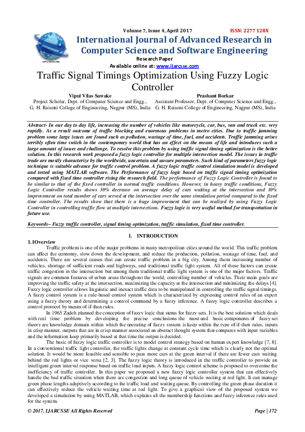 Pdf Traffic Signal Timings Optimization Using Fuzzy Logic Controller