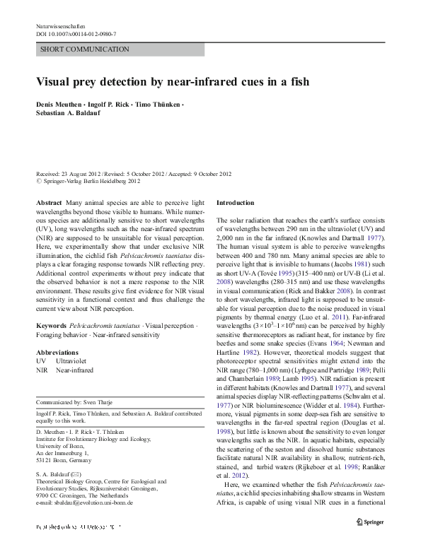 (PDF) Fish Detects Prey Using Near-Infrared Light