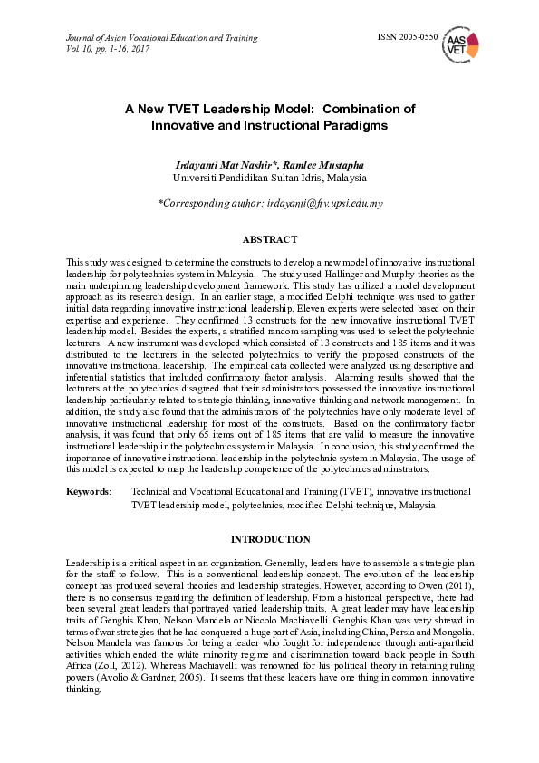 (PDF) A New TVET Leadership Model: Combination of Innovative and ...