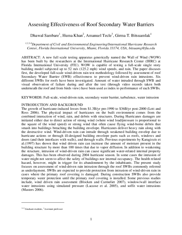 (PDF) Assessing Effectiveness of Roof Secondary Water Barriers | huma ...