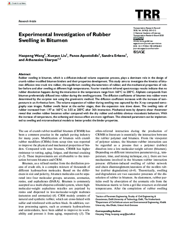 (PDF) Experimental Investigation of Rubber Swelling in Bitumen