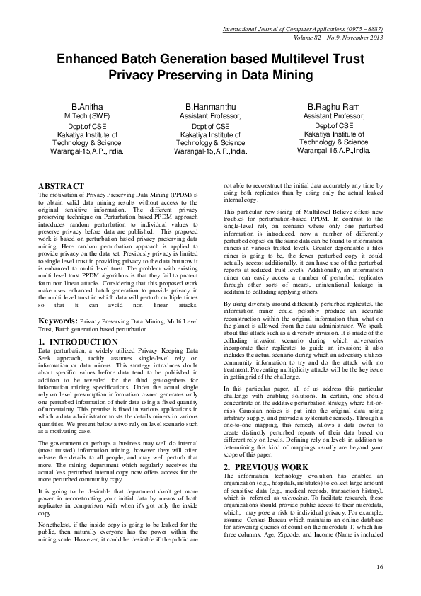 (PDF) Enhanced Batch Generation based Multilevel Trust Privacy Preserving in Data Mining
