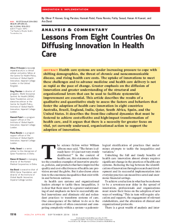 (PDF) Lessons from eight countries on diffusing innovation in health care