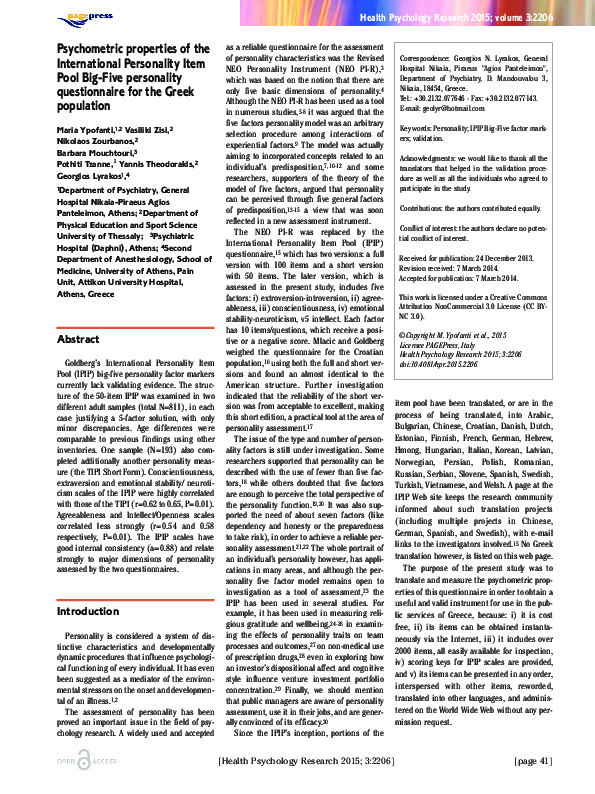 (PDF) Psychometric properties of the IPIP Big-Five personality ...