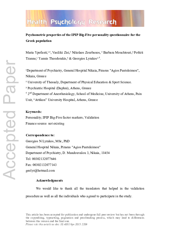 (PDF) Psychometric properties of the IPIP personality questionnaire for ...