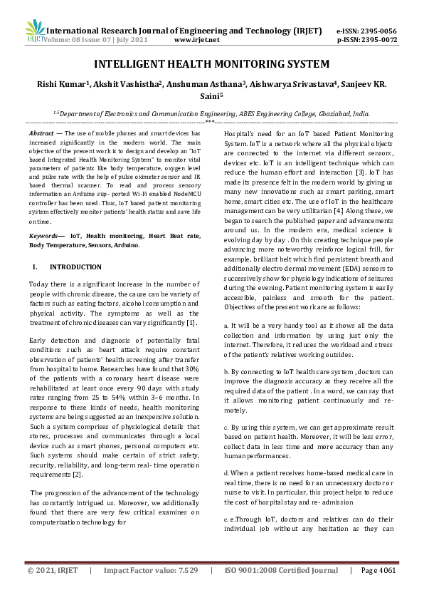 (PDF) IRJET- INTELLIGENT HEALTH MONITORING SYSTEM