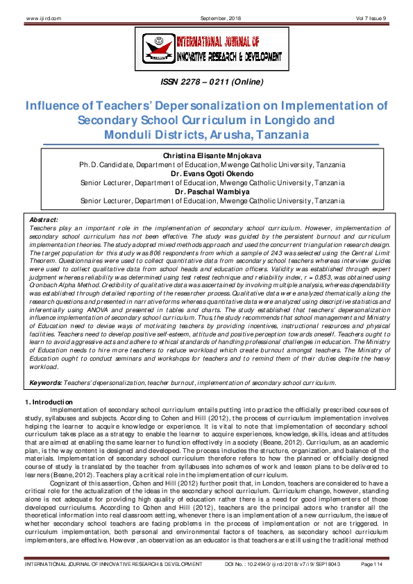 (PDF) Influence of Teachers’ Depersonalization on Implementation of ...