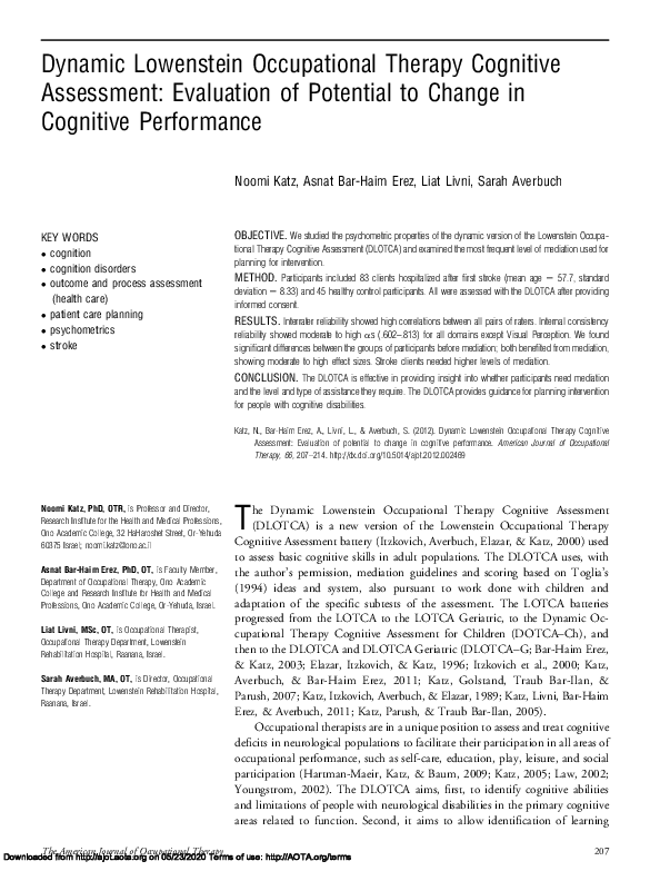 (PDF) Dynamic Lowenstein Occupational Therapy Cognitive Assessment ...