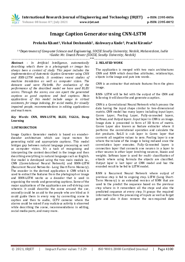 (PDF) IRJET- Image Caption Generator using CNN-LSTM