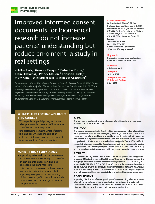 (PDF) Improved informed consent documents for biomedical research do ...