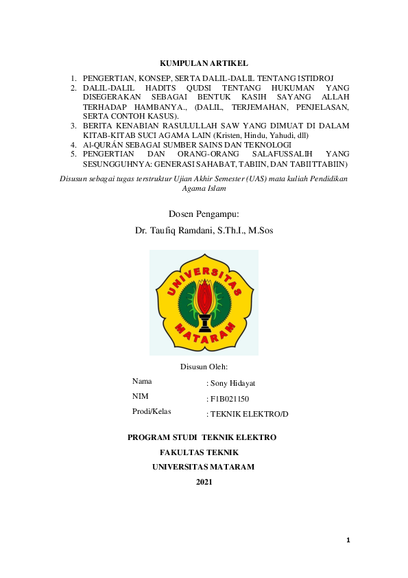 (PDF) Sony Hidayat Agama Islam Teknik Elektro