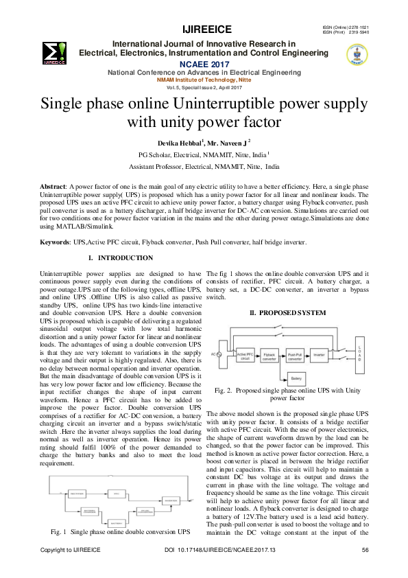 (PDF) Single phase online Uninterruptible power supply with unity power ...