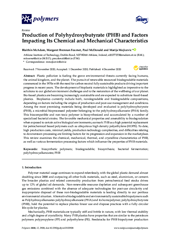 (PDF) Production of Polyhydroxybutyrate (PHB) and Factors Impacting Its Chemical and Mechanical ...