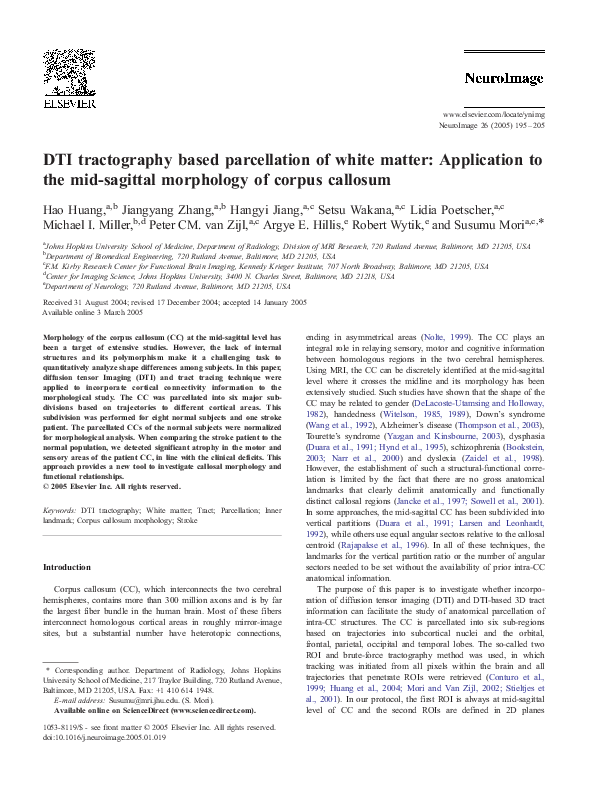 (PDF) DTI tractography based parcellation of white matter: Application to the mid-sagittal ...