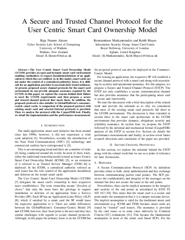 (PDF) A Secure and Trusted Channel Protocol for the User Centric Smart Card Ownership Model