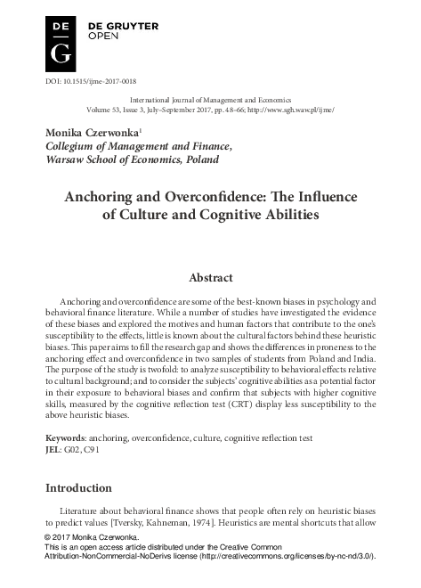 (PDF) Anchoring and Overconfidence: The Influence of Culture and ...