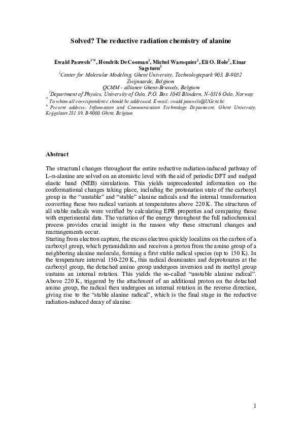 (PDF) Solved? The reductive radiation chemistry of alanine